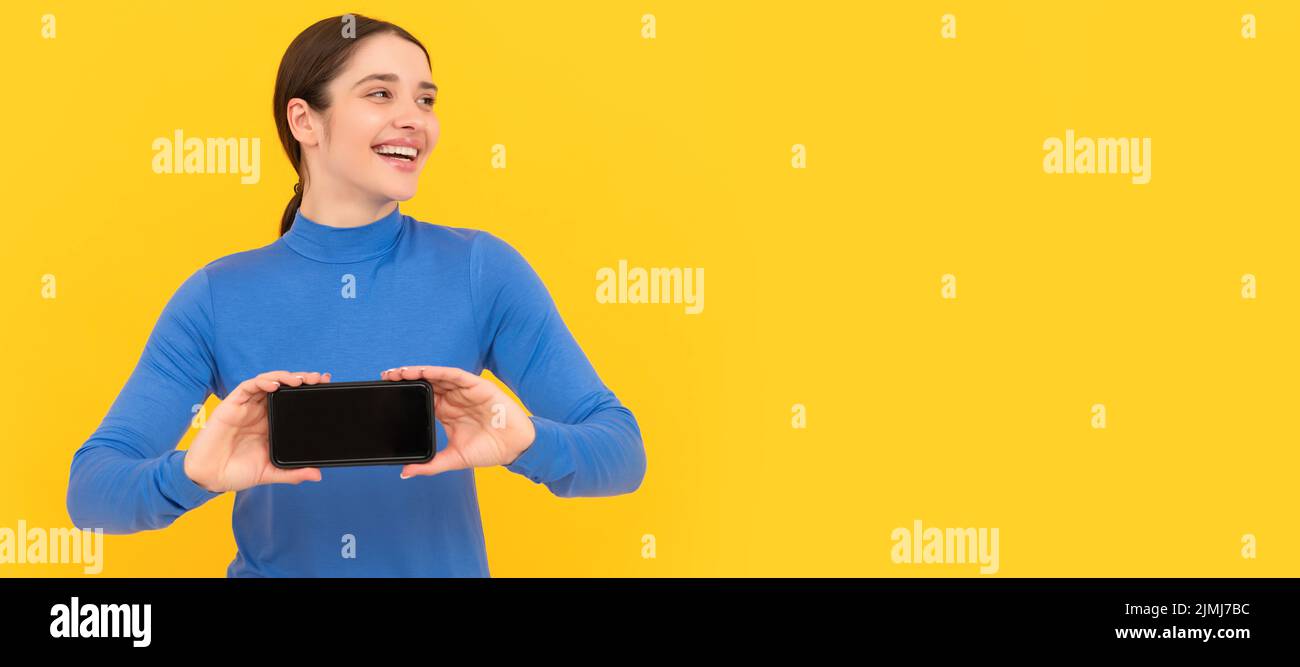 Woman isolated face portrait, banner with copy space. laughing lady ...