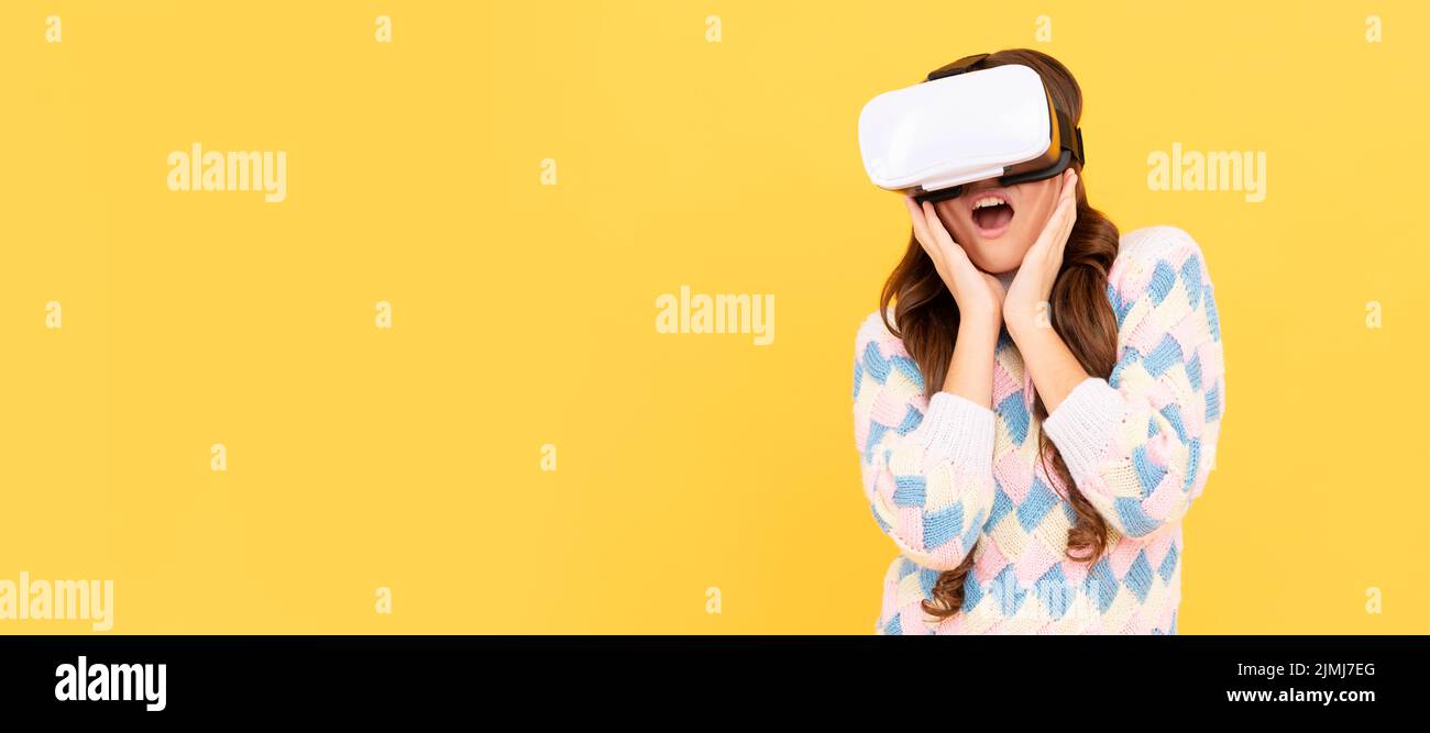 amazed teen girl wear vr glasses using future technology for education ...