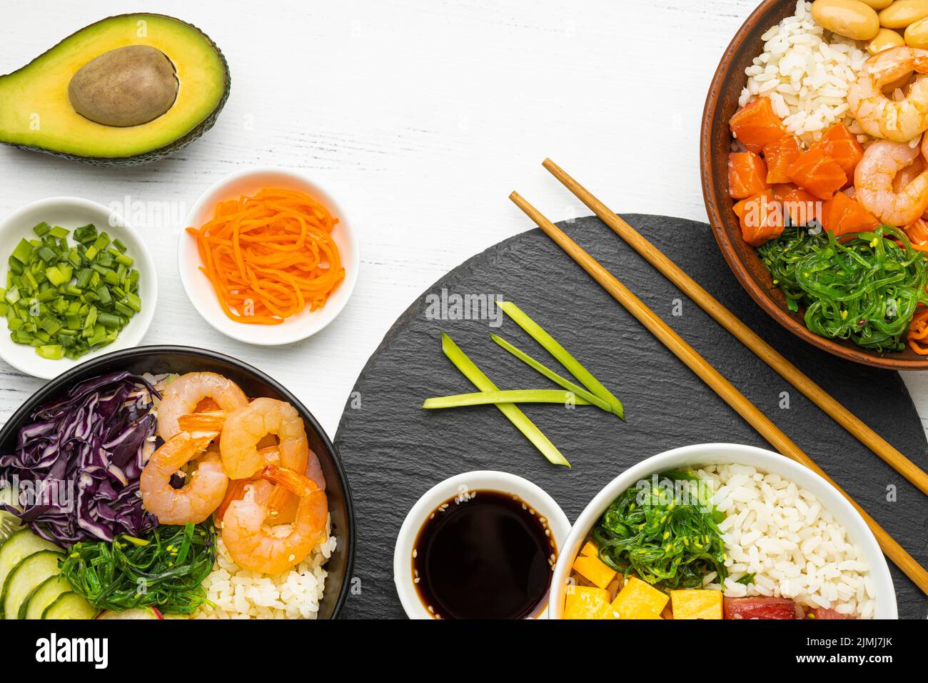 Flat lay composition hawaiian poke bowl Stock Photo - Alamy