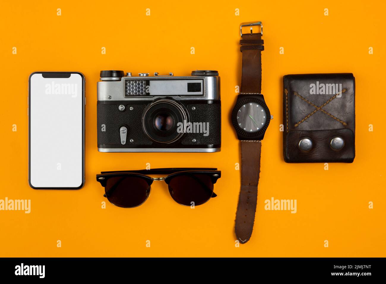 Top view top important traveling tools Stock Photo - Alamy