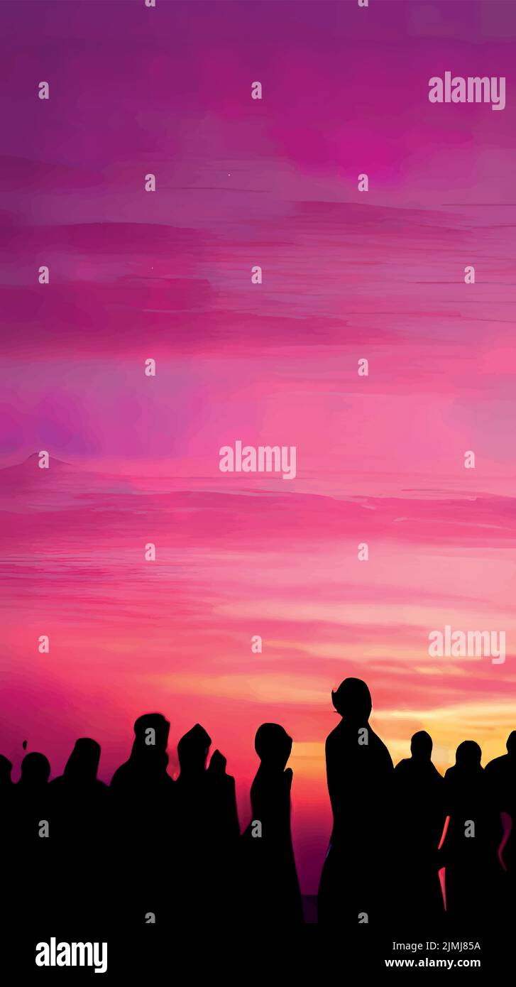 A vertical design of people silhouettes on sunset background Stock ...