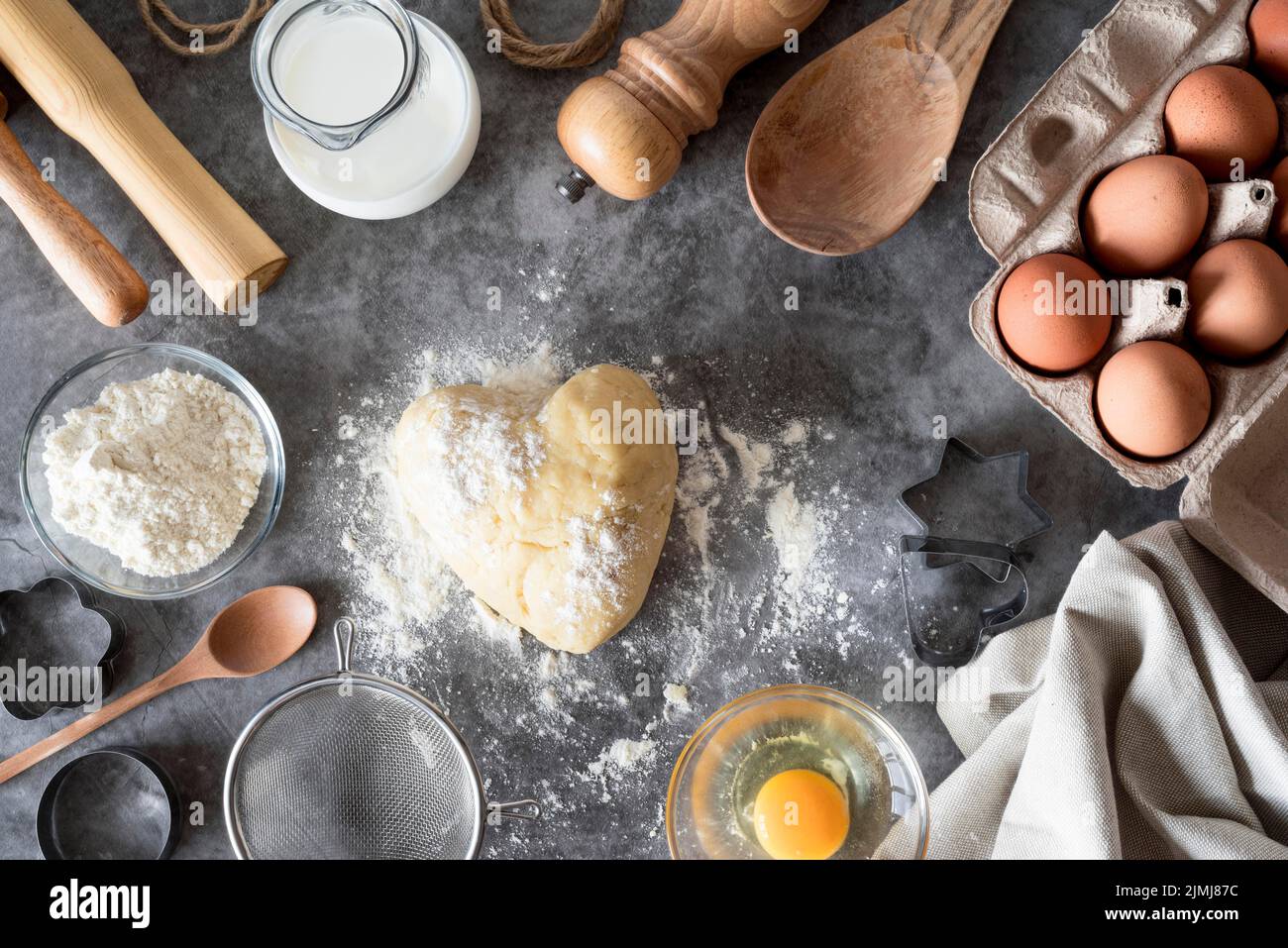 Top view dough counter with flour eggs Stock Photo - Alamy