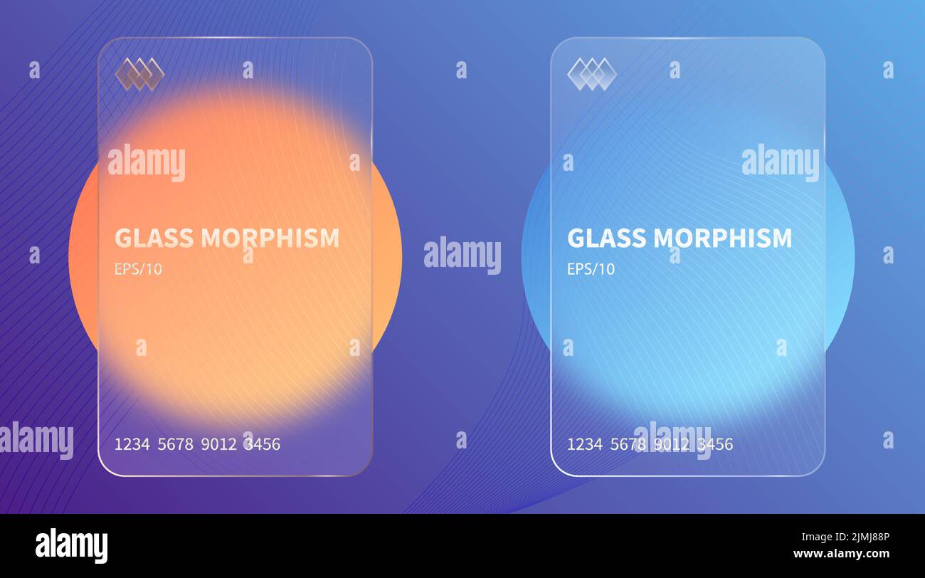 Glass morphism effect. Transparent frosted acrylic bank cards. Orange ...