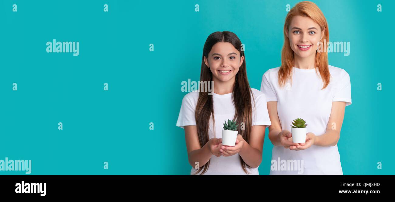 Mother and daughter child banner, copy space, isolated background ...