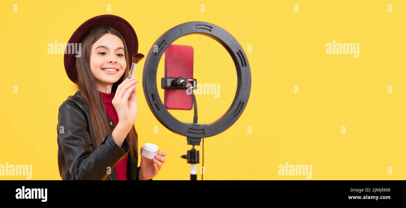 happy teen girl blogger use selfie led lamp and smartphone, makeup ...