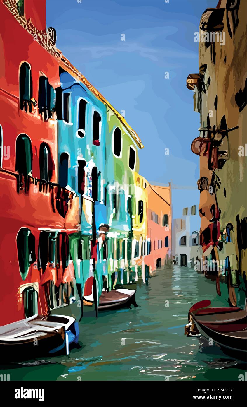 A vertical design of small gondolas in the river with the buildings of ...