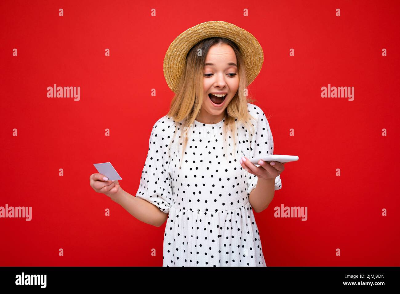 Photo of attractive positive surprised blonde woman in summer clothes ...
