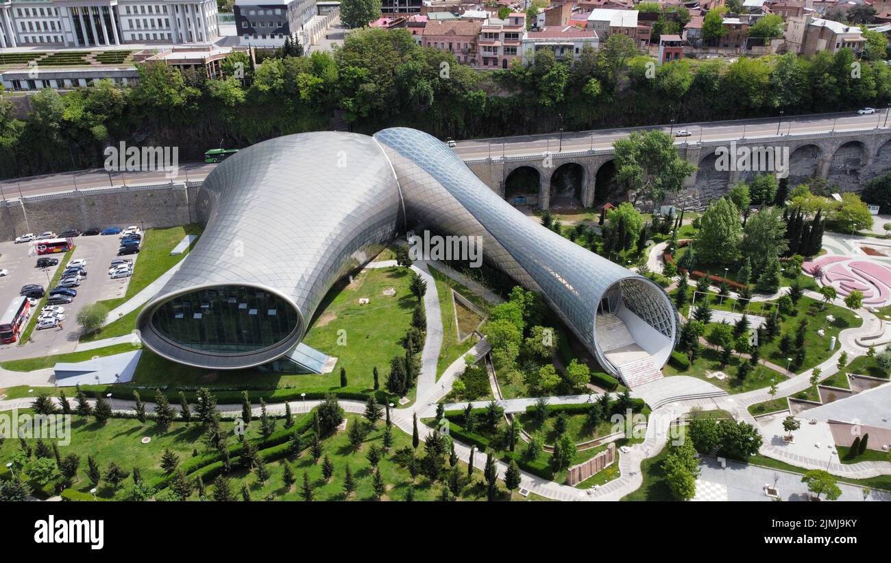 An aerial view of a metal sculpture in Rike Park, Tbilisi, Georgia ...