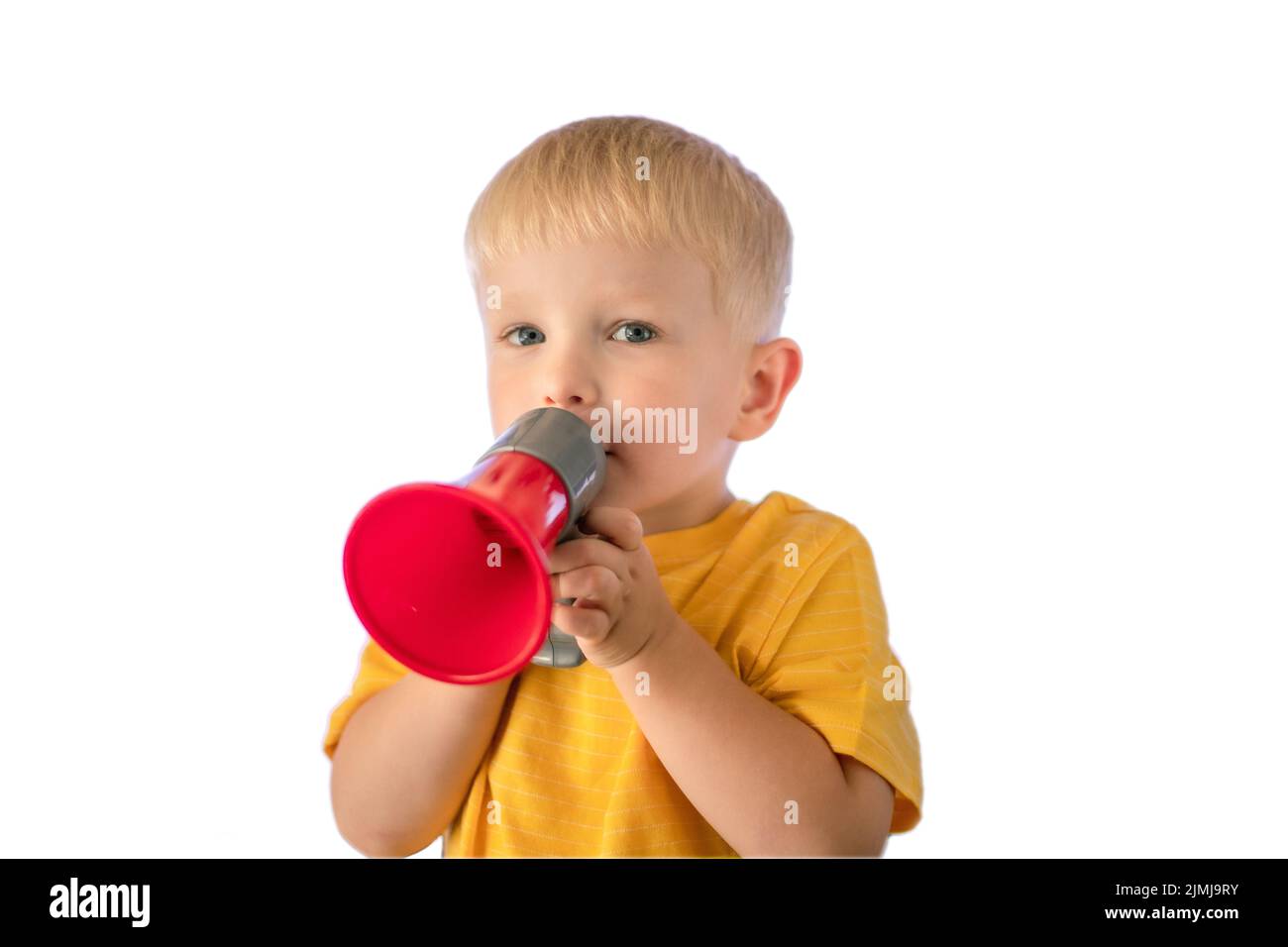 Cute little boy with megaphone on white background Stock Photo - Alamy