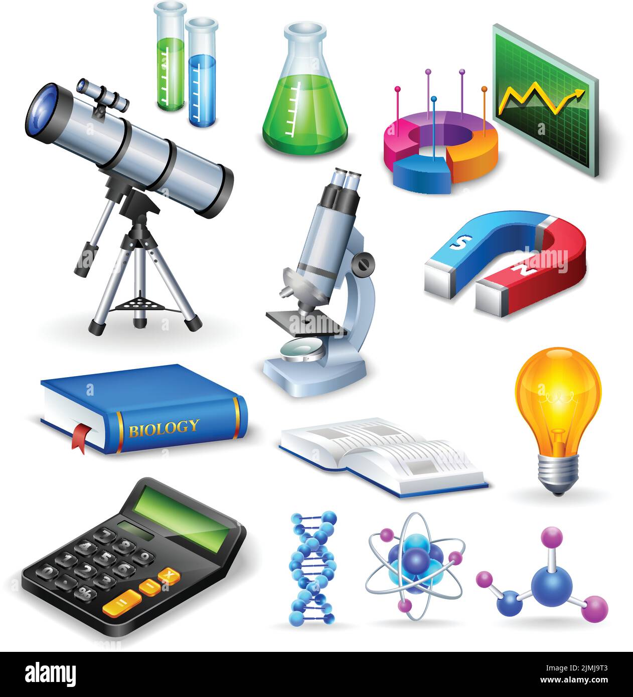 Science realistic icons set with microscope calculator telescope magnet ...
