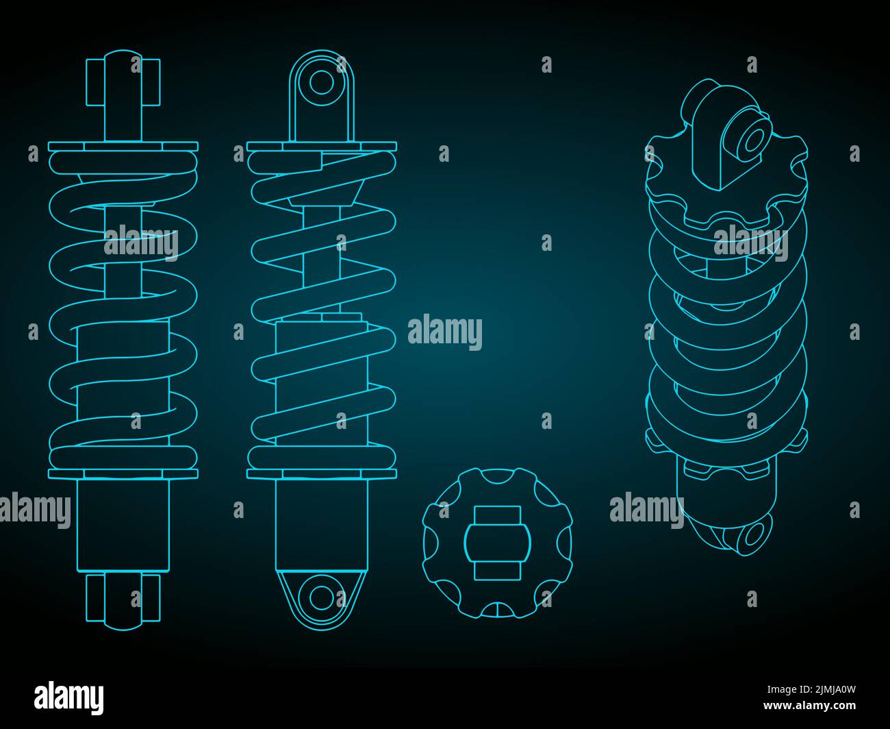 Stylized vector illustration of blueprints of bike rear swingarm shock ...