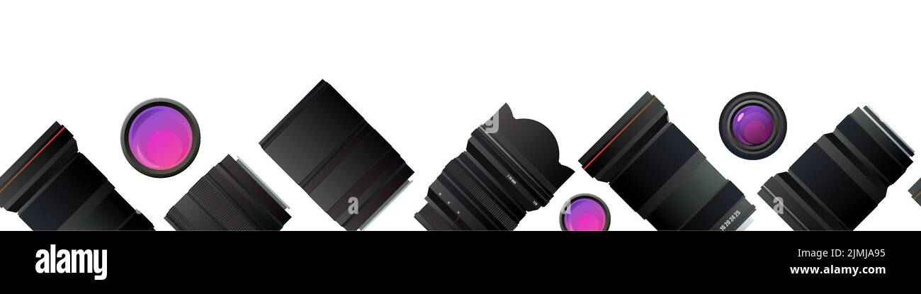 Set of lenses for camera. Various sizes and focal lengths. Optical device. Shooting equipment ...