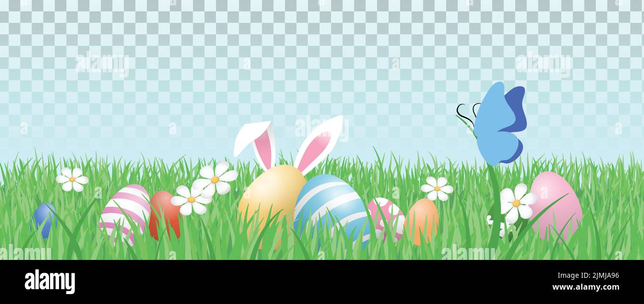 Easter eggs with bunny ears in a garden grass banner isolated vector ...