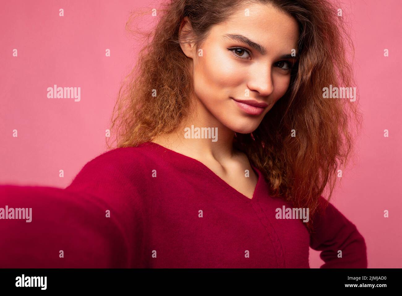 Closeup Photo of beautiful positive smiling adult woman wearing stylish ...