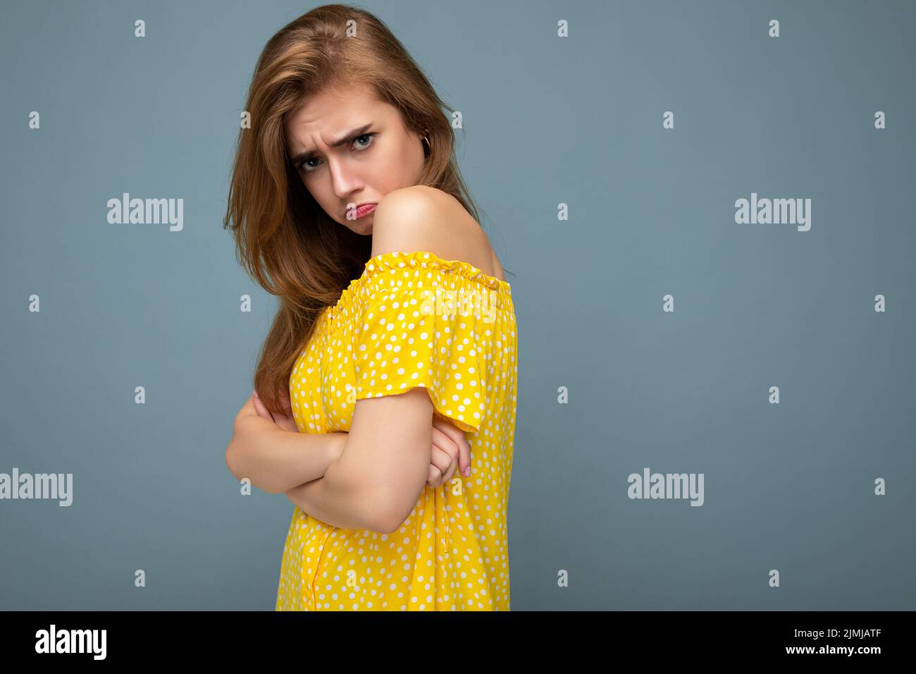 Photo of young cute delightful beautiful attractive sad dissatisfied ...