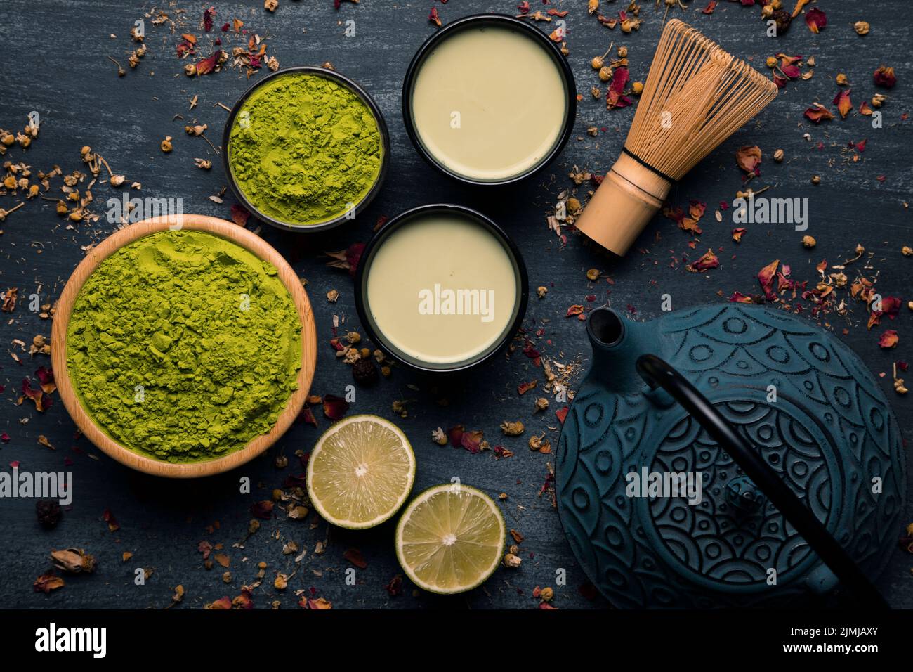 Top view collection green tea powder teapot Stock Photo - Alamy