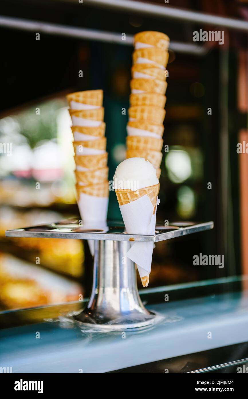 small artisanal ice cream parlor with selective focus on ice cream ...