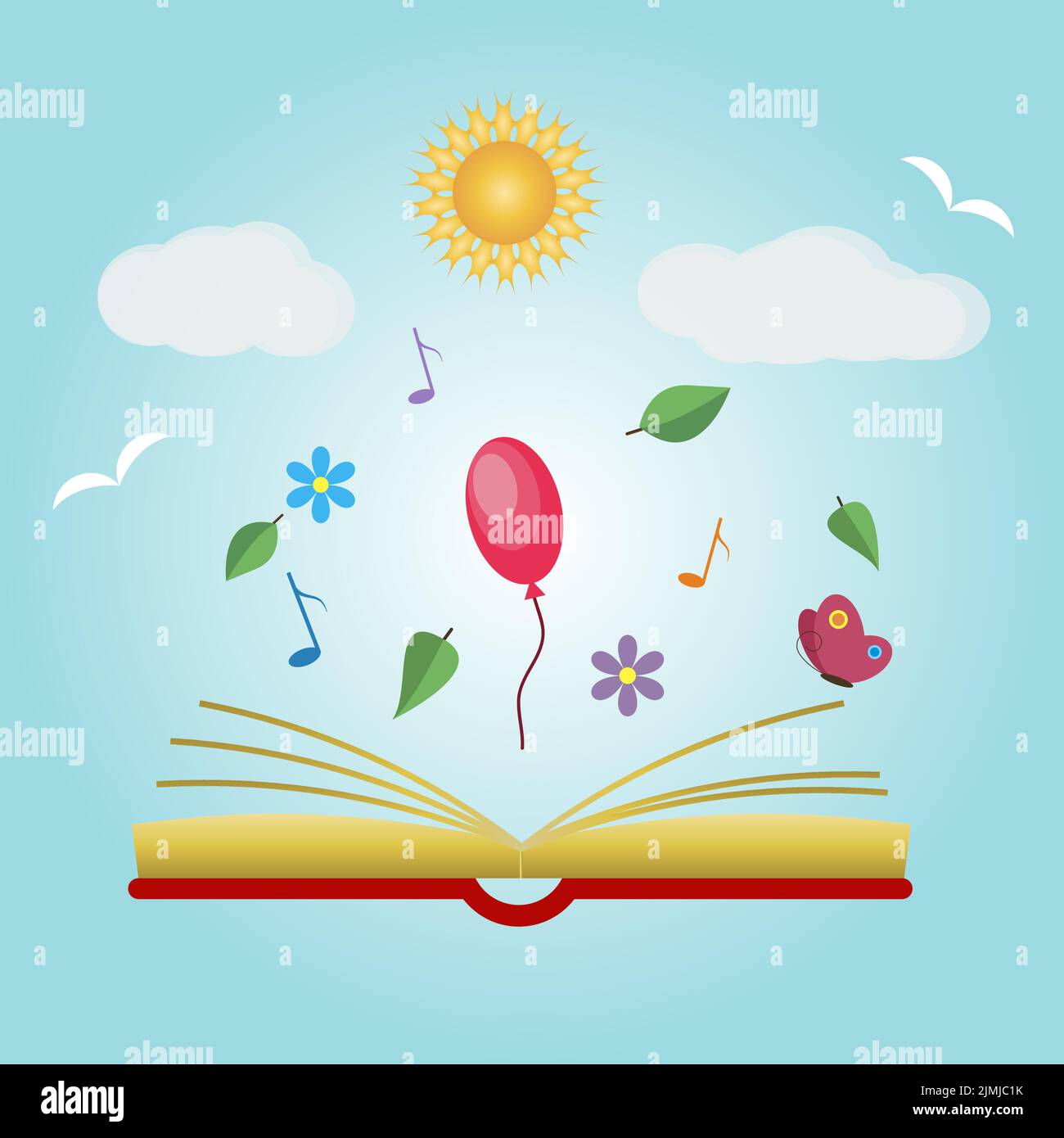 Imagination concept with opened book. Vector illustration Stock Vector ...
