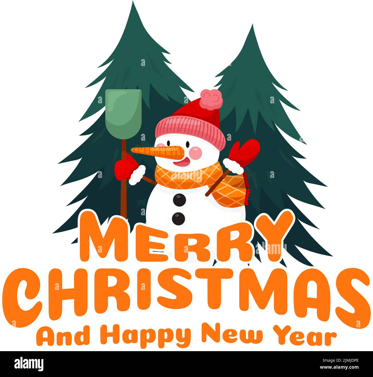 A Merry Christmas-themed background with a snowman and fir tree Stock ...