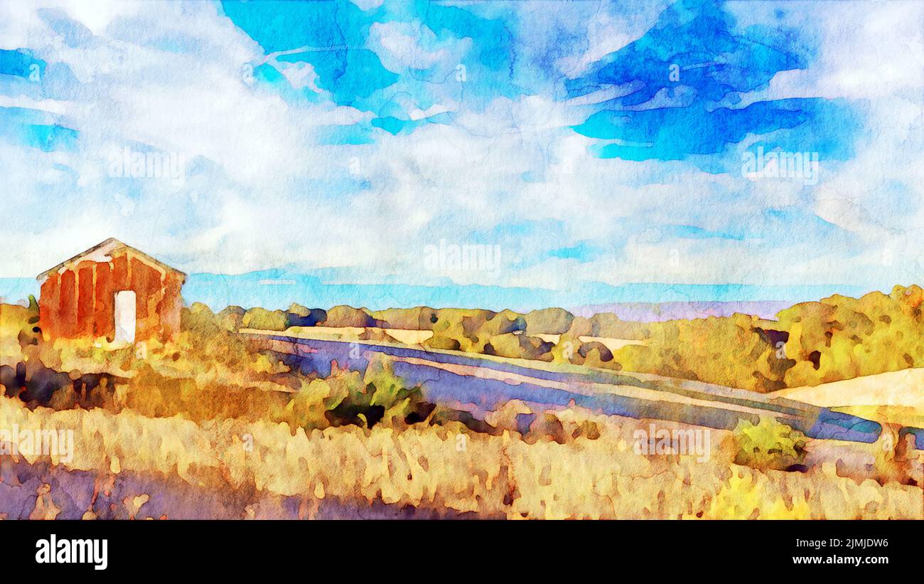 Digital watercolor landscape painting of rural country fields and a ...