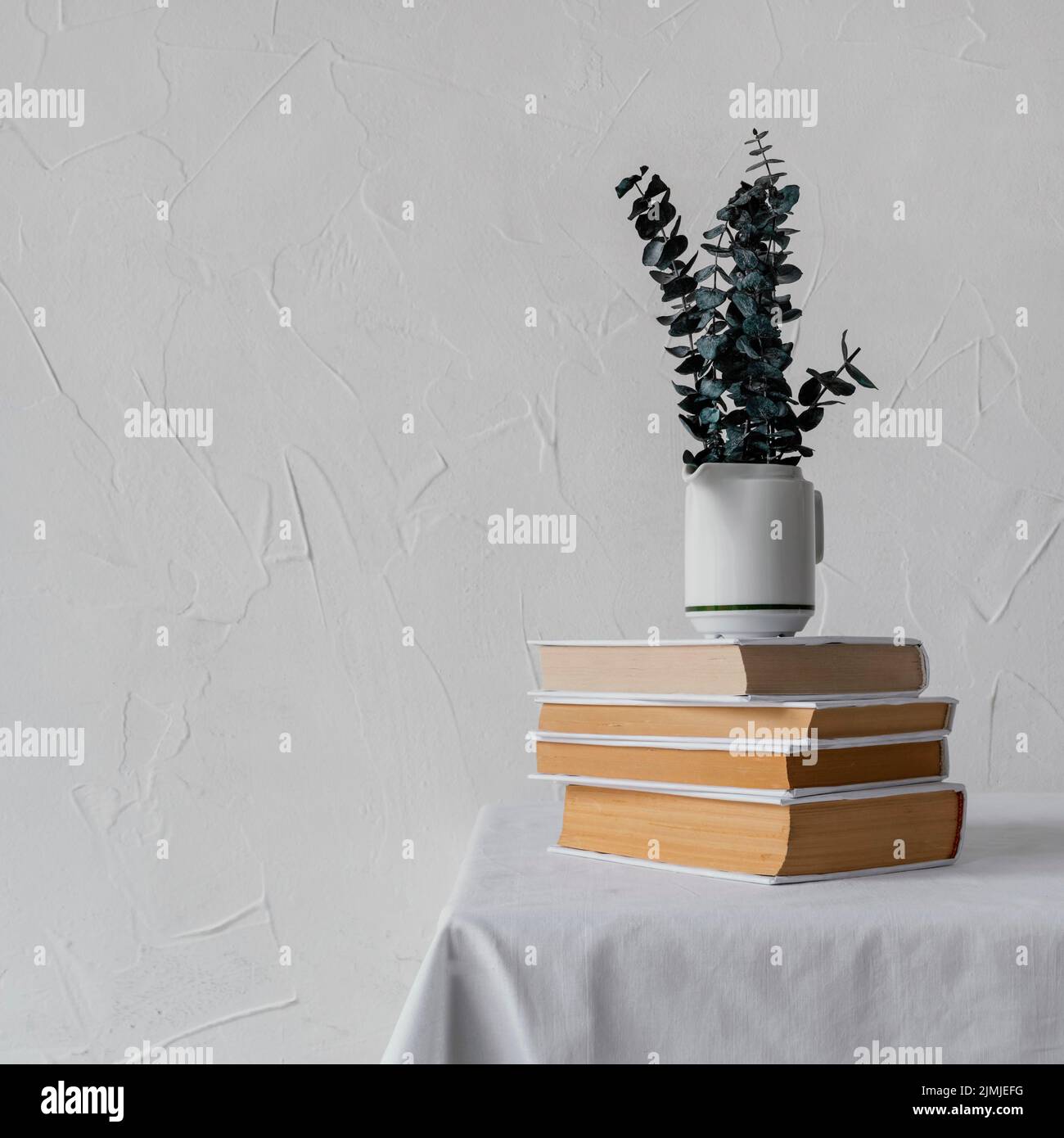 Arrangement with books stack plant Stock Photo - Alamy