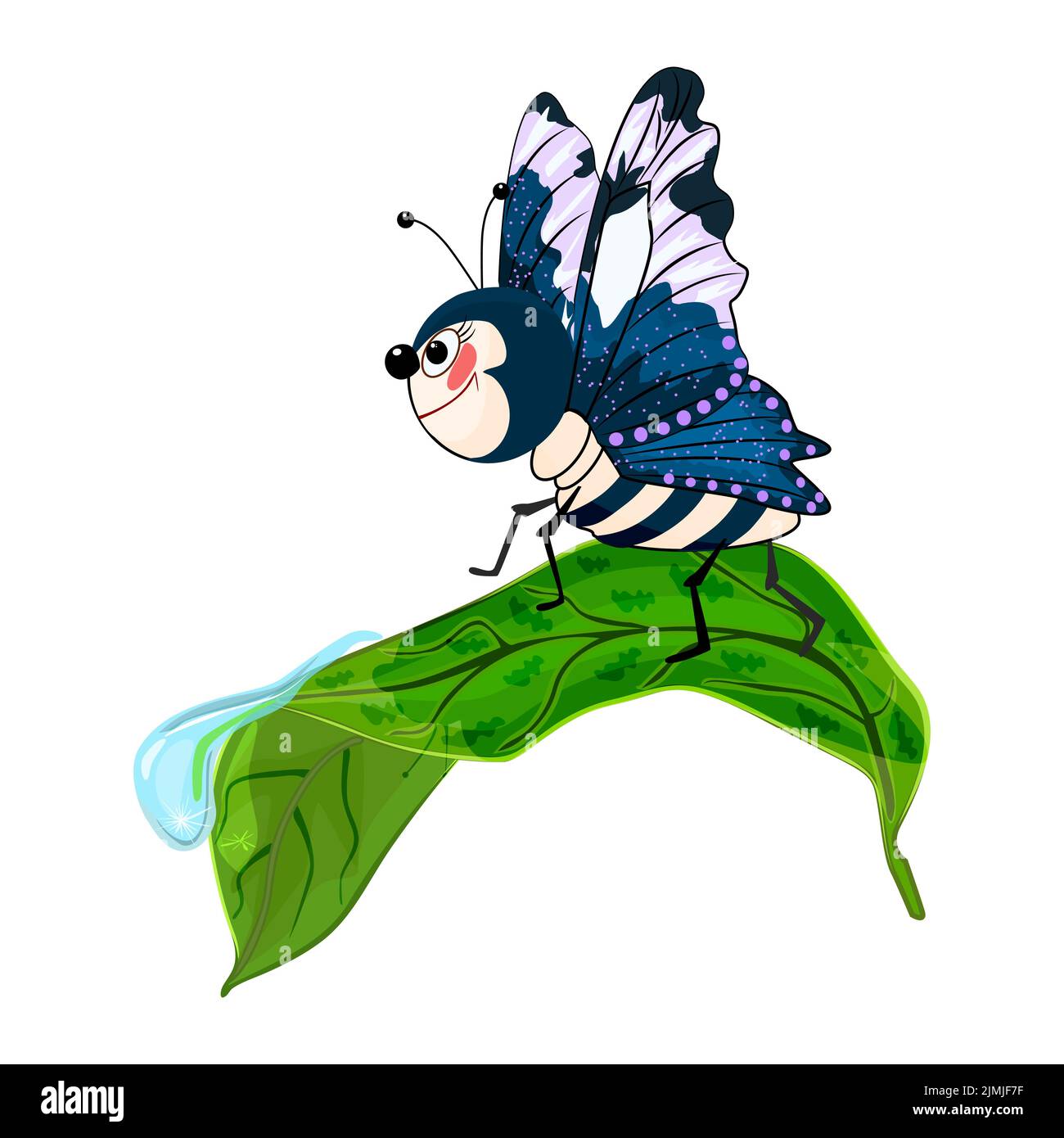 Butterfly on leaf. Cute cartoon moth crawling on leaf with dew drop ...