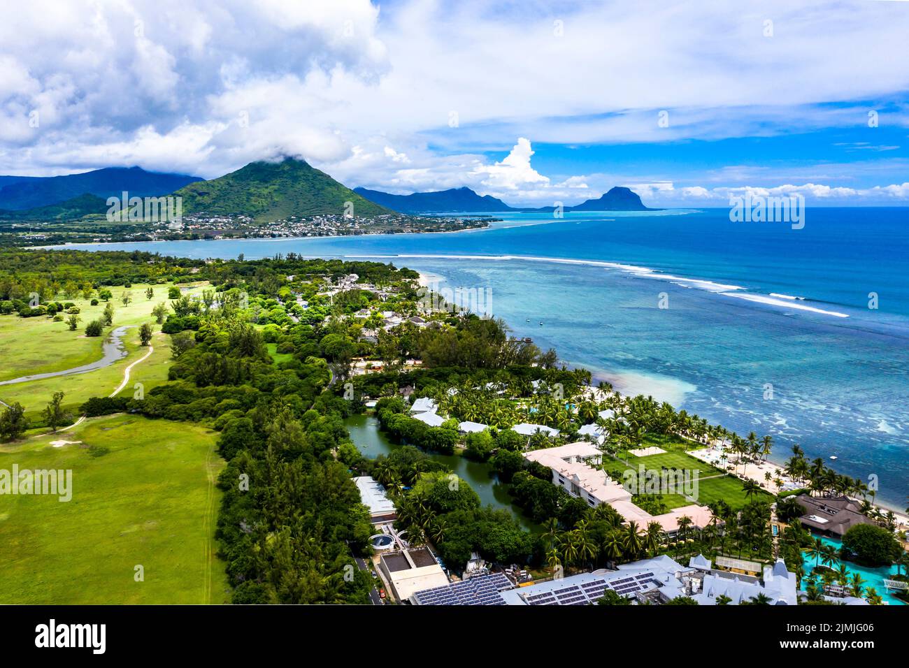 Aerial view The beach at Flic en Flac with luxury hotels and palm trees ...