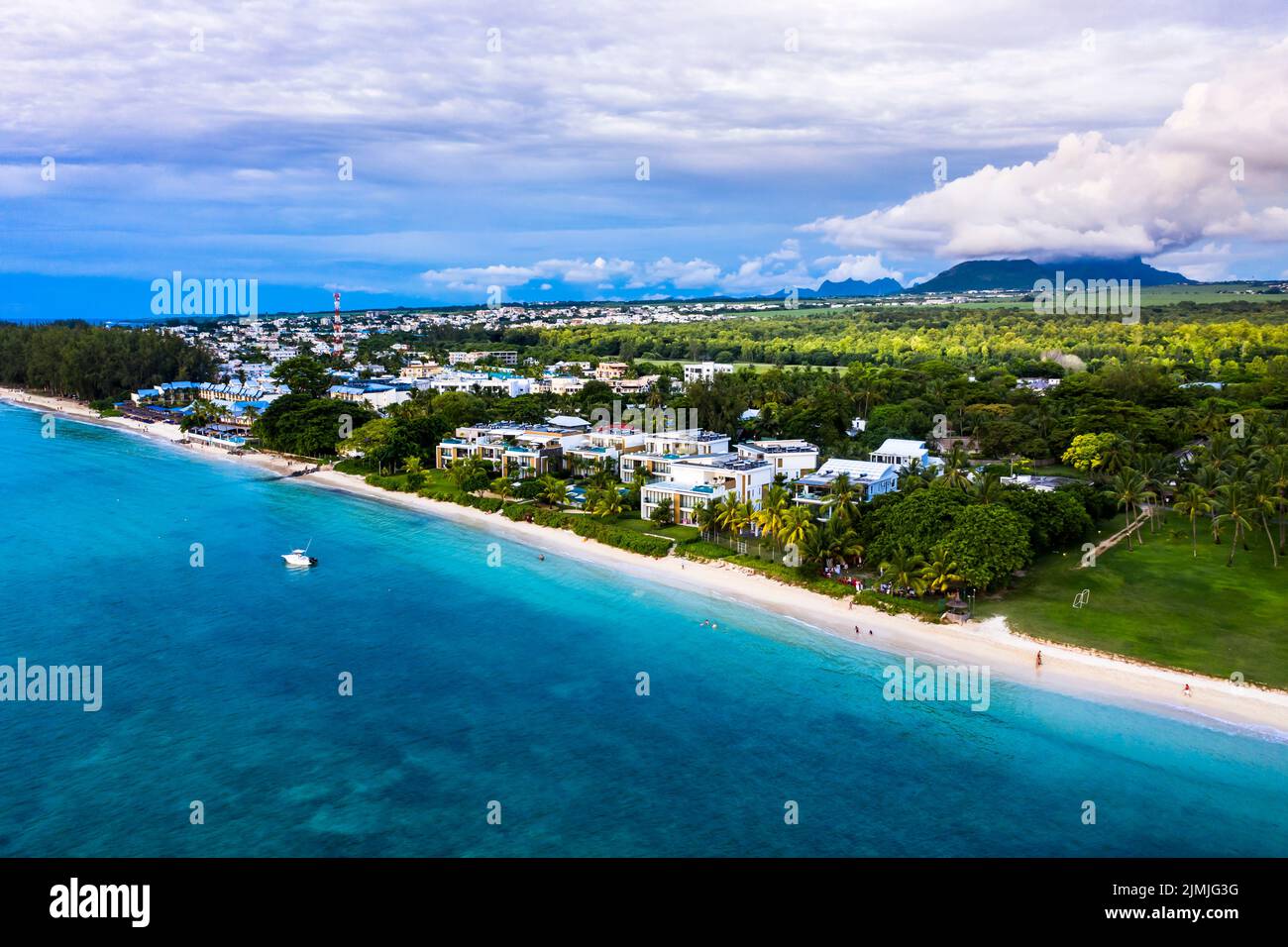 Aerial view The beach at Flic en Flac with luxury hotels and palm trees ...