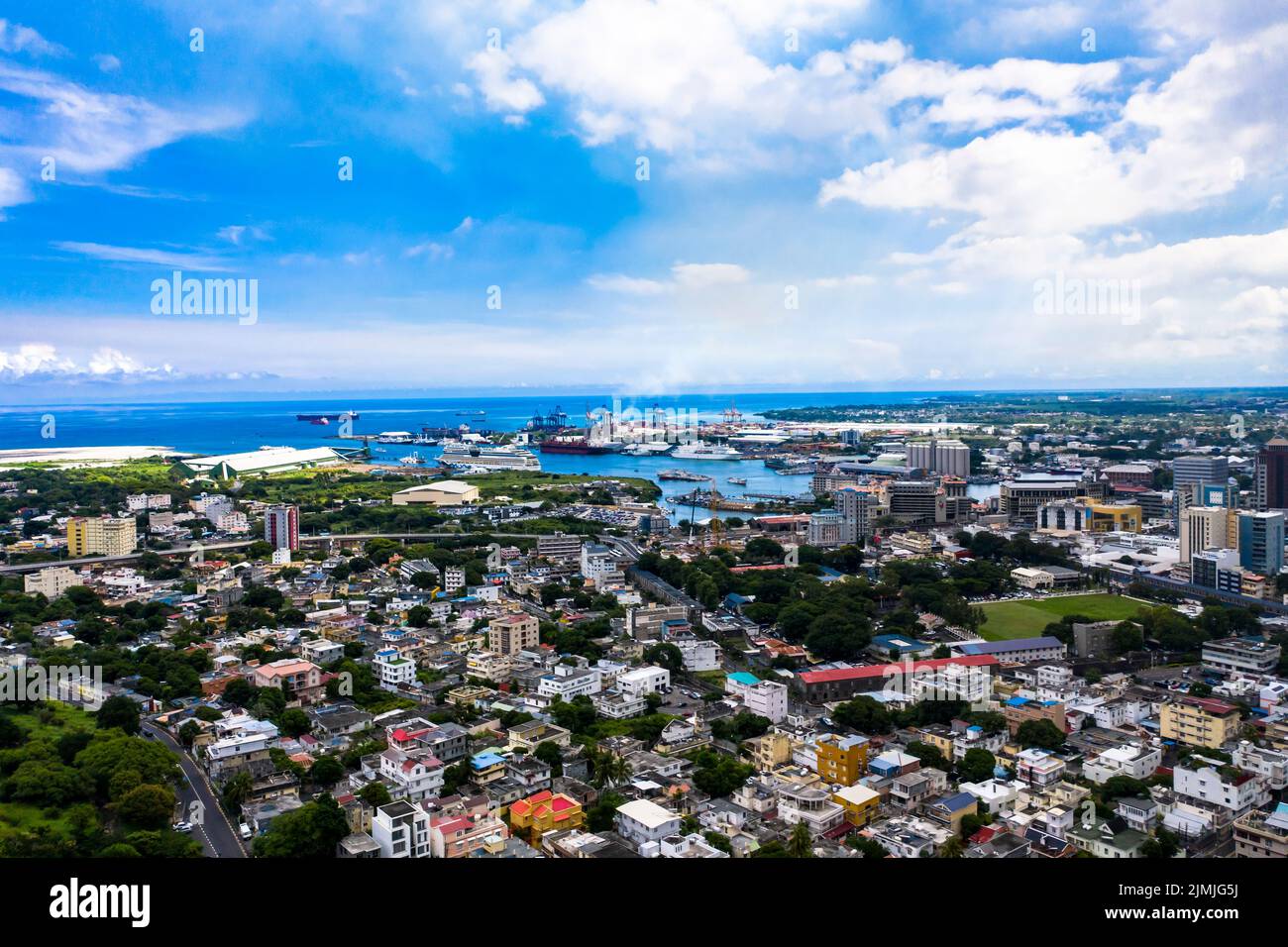 Aerial view, city view of Port Louis with harbor, old town and ...