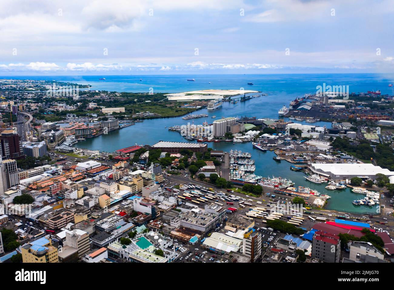 Aerial view, city view of Port Louis with harbor, old town and ...