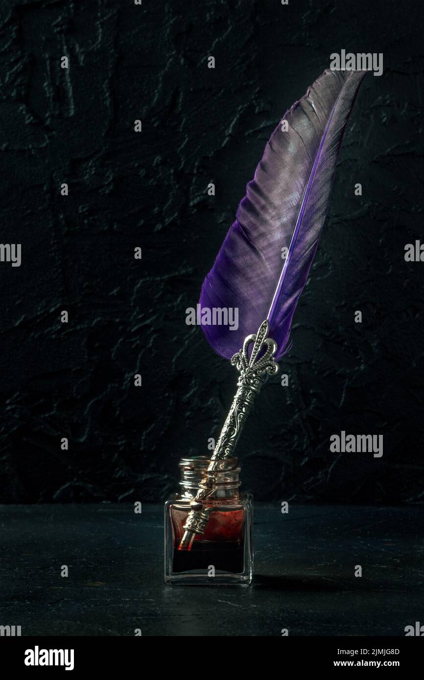 Feather quill pen with a vintage ink well, a side view on a black ...