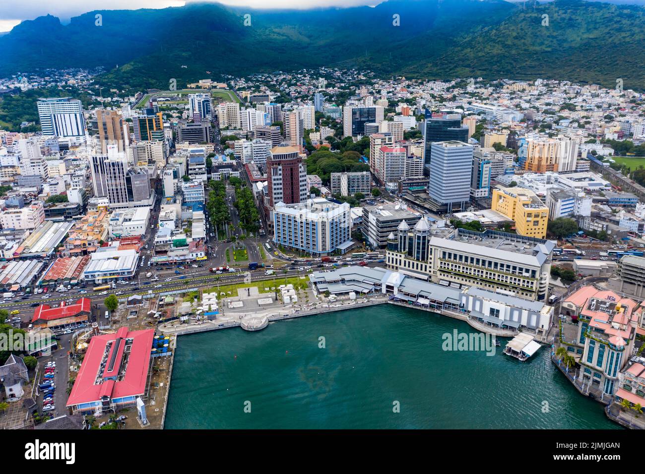 Aerial view, city view of Port Louis with harbor, old town and ...