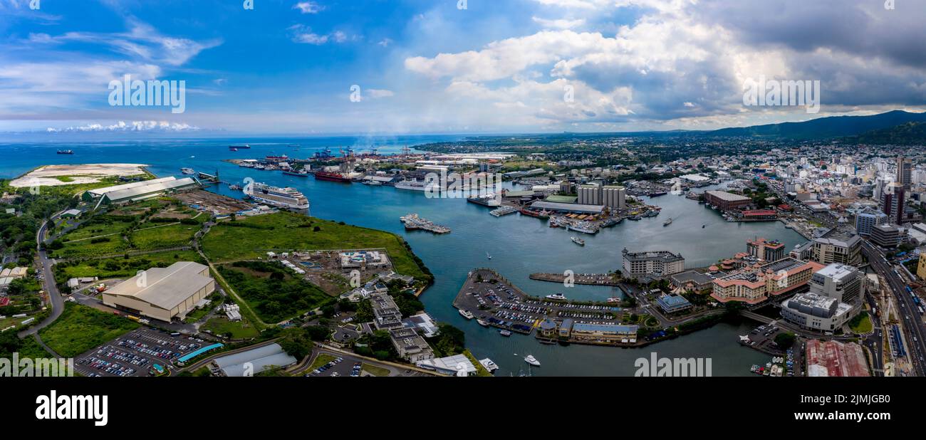 Aerial view, city view of Port Louis with harbor, old town and ...
