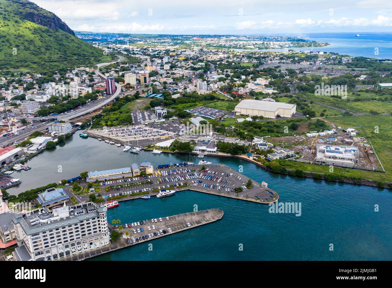 Aerial view, city view of Port Louis with harbor, old town and ...