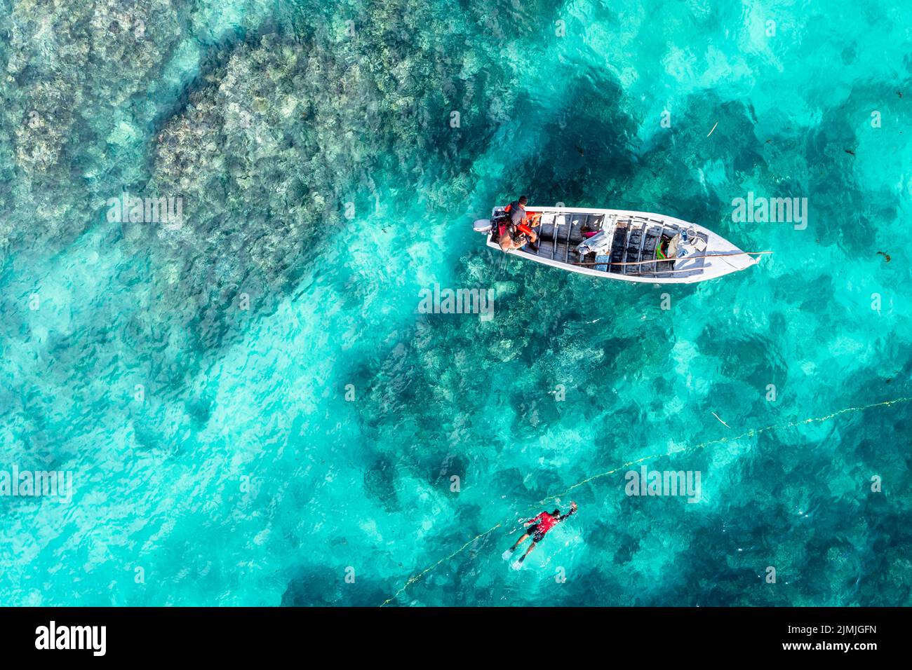 Aerial view, fishermen catch fish on the reefs at Cap Malheureux, Grand ...