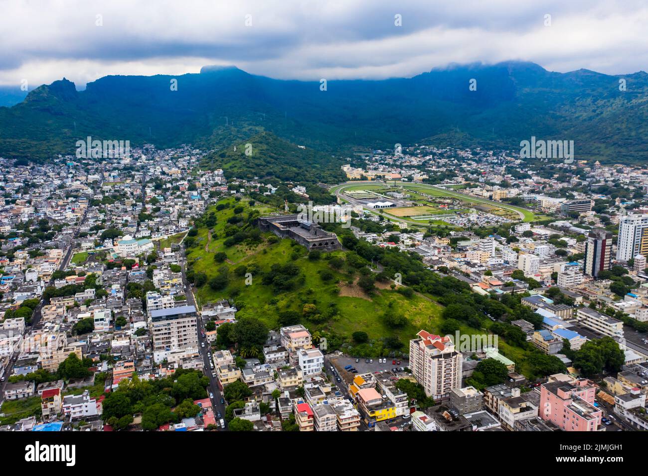 Aerial view, city view of Port Louis with harbor, old town and ...