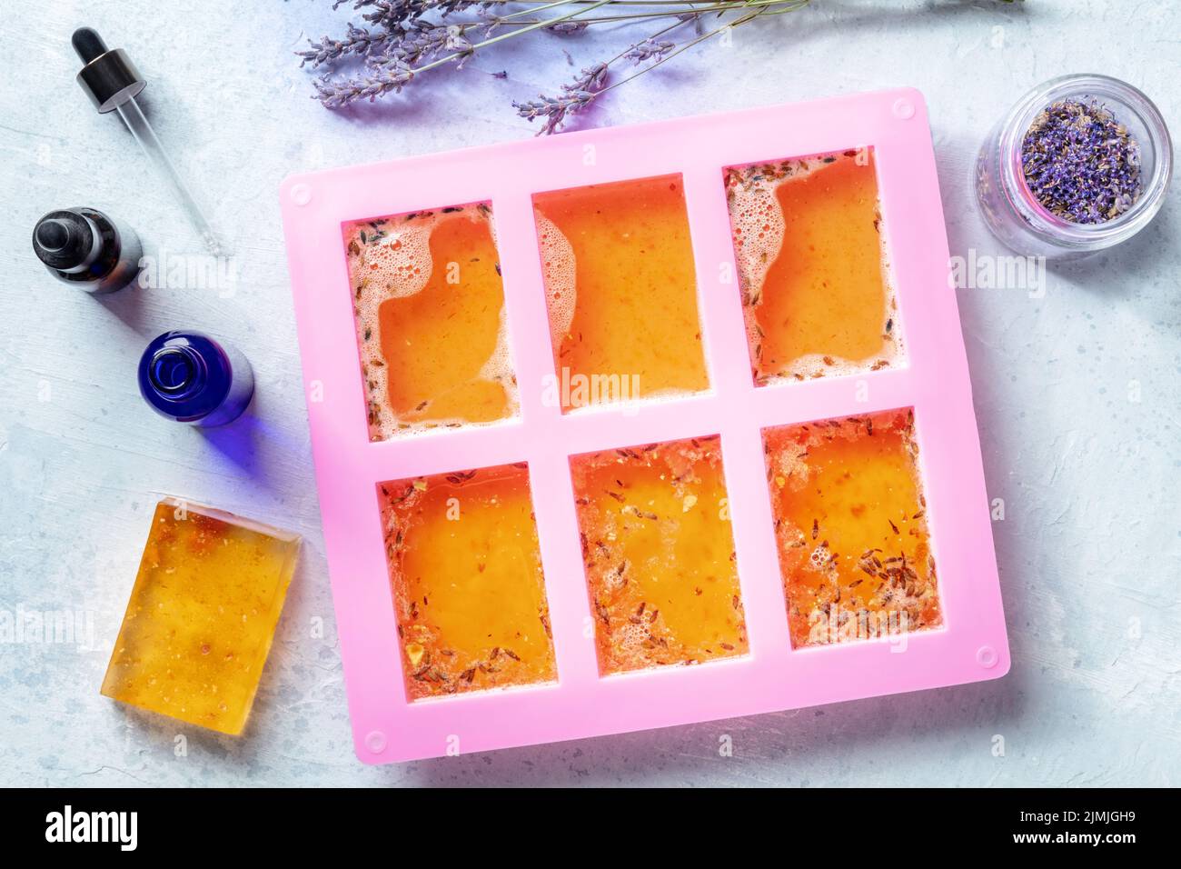 Organic handmade soap, overhead flat lay shot. Diy cosmetics, the ...