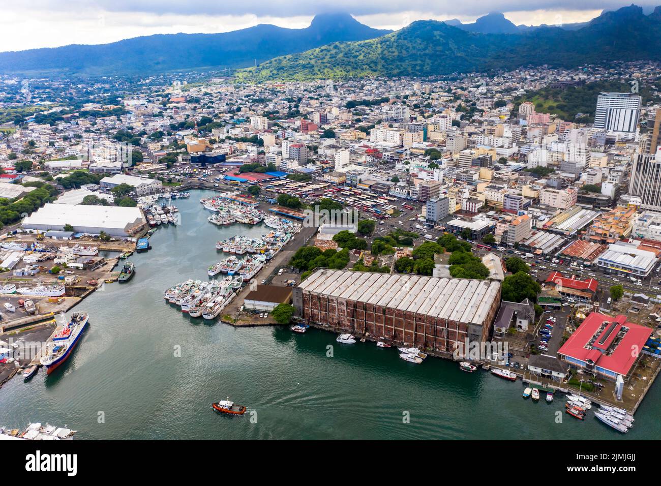 Aerial view, city view of Port Louis with harbor, old town and ...