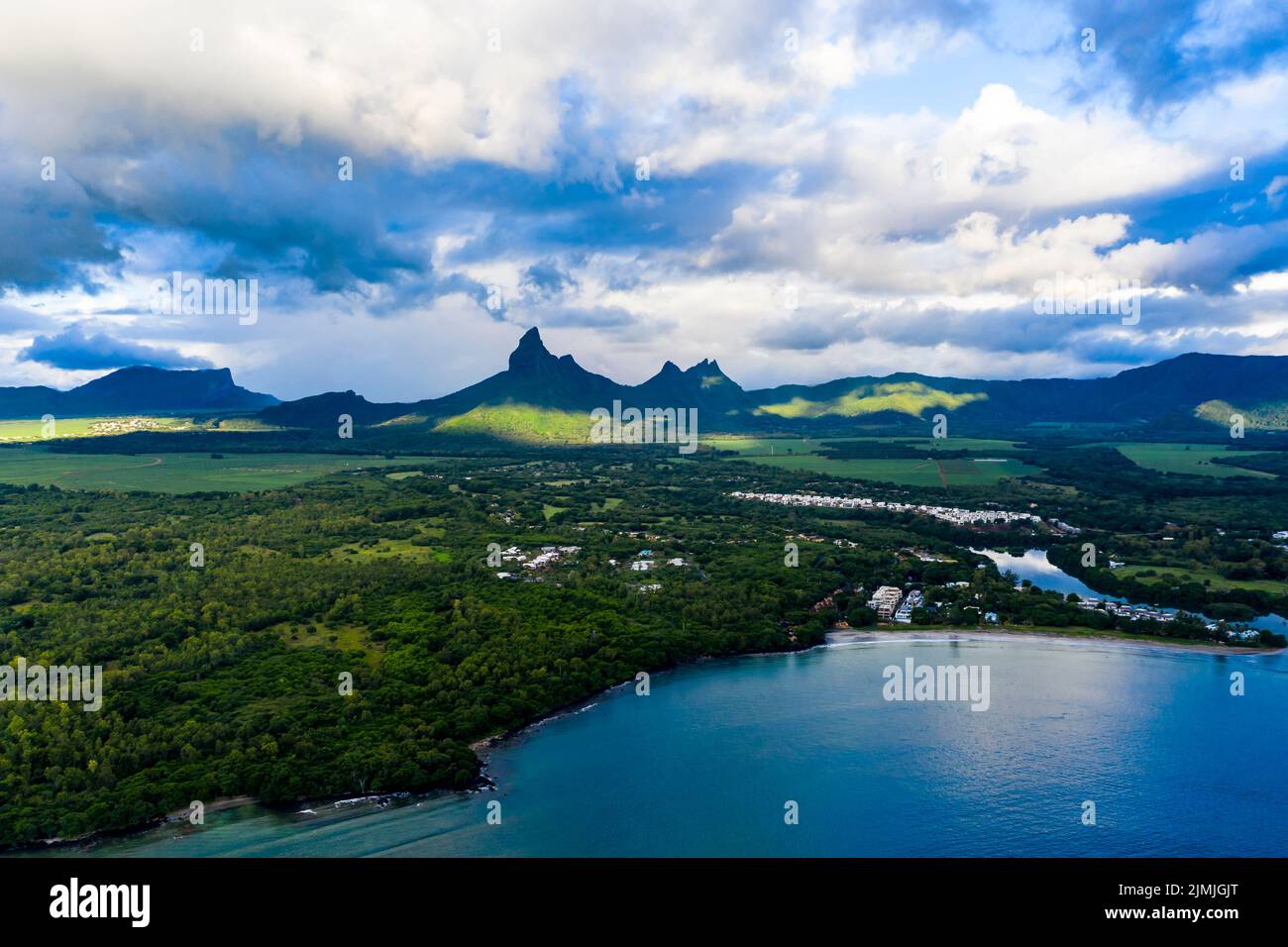 Aerial view The beach at Flic en Flac with luxury hotels and palm trees ...