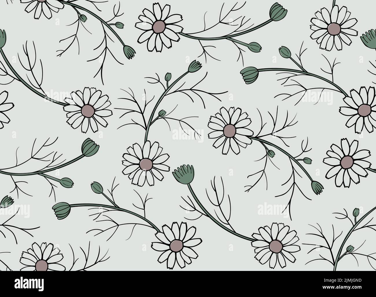 Daisy Seamless Pattern. Black contour on white background. Simple ...