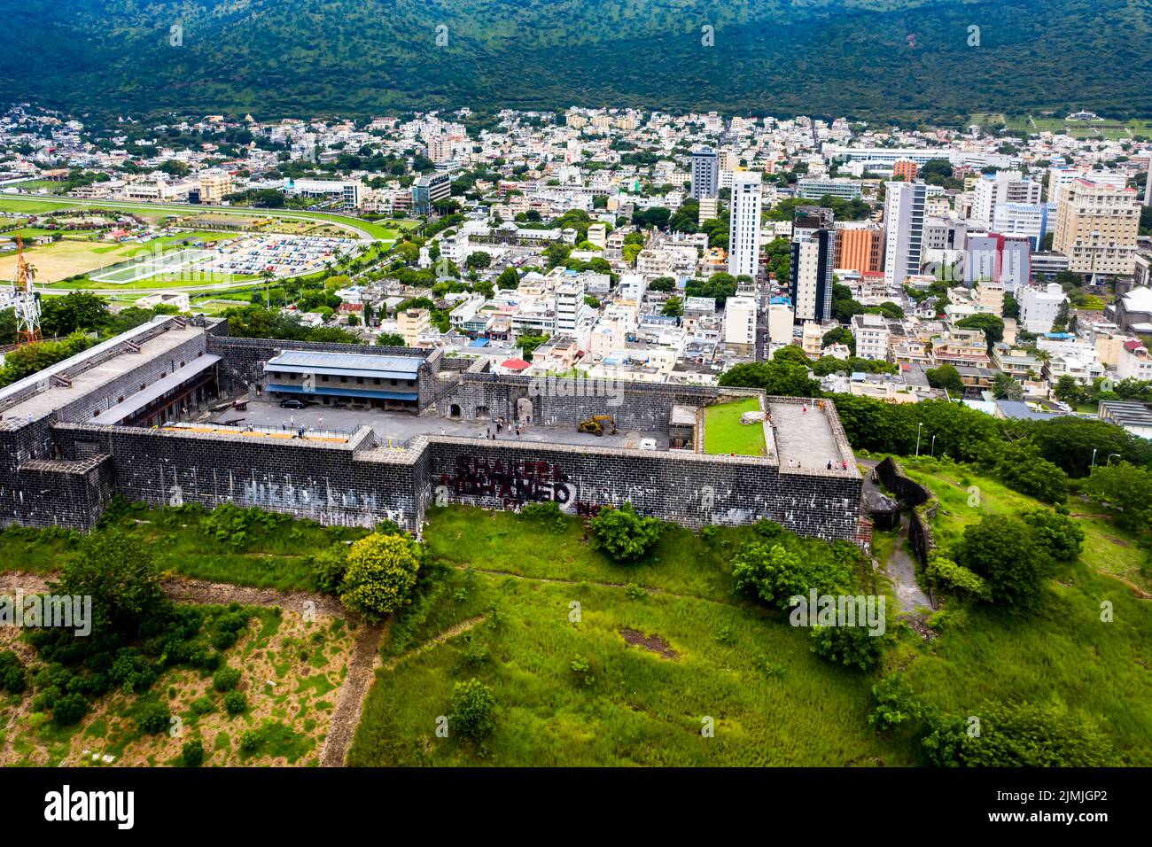 Aerial view, city view of Port Louis with harbor, old town and ...