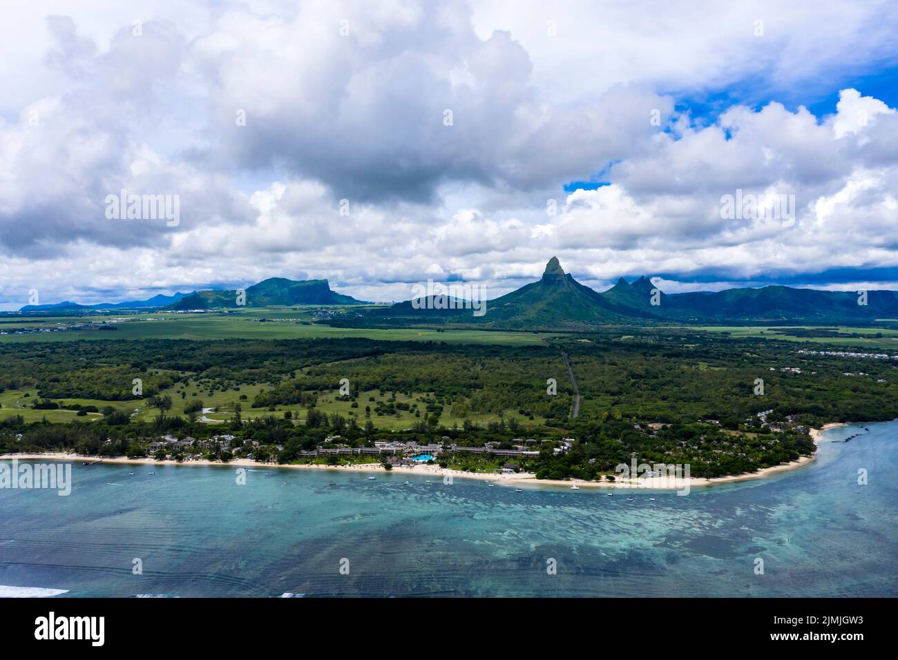 Aerial view The beach at Flic en Flac with luxury hotels and palm trees ...