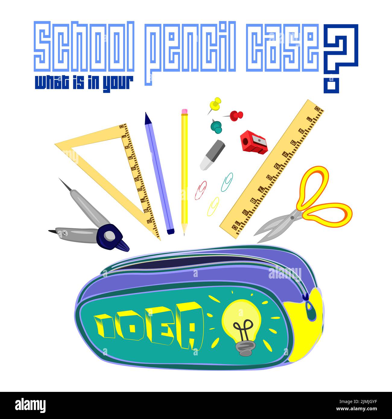 School pencil case staff vector set of elements. Educational clipart ...