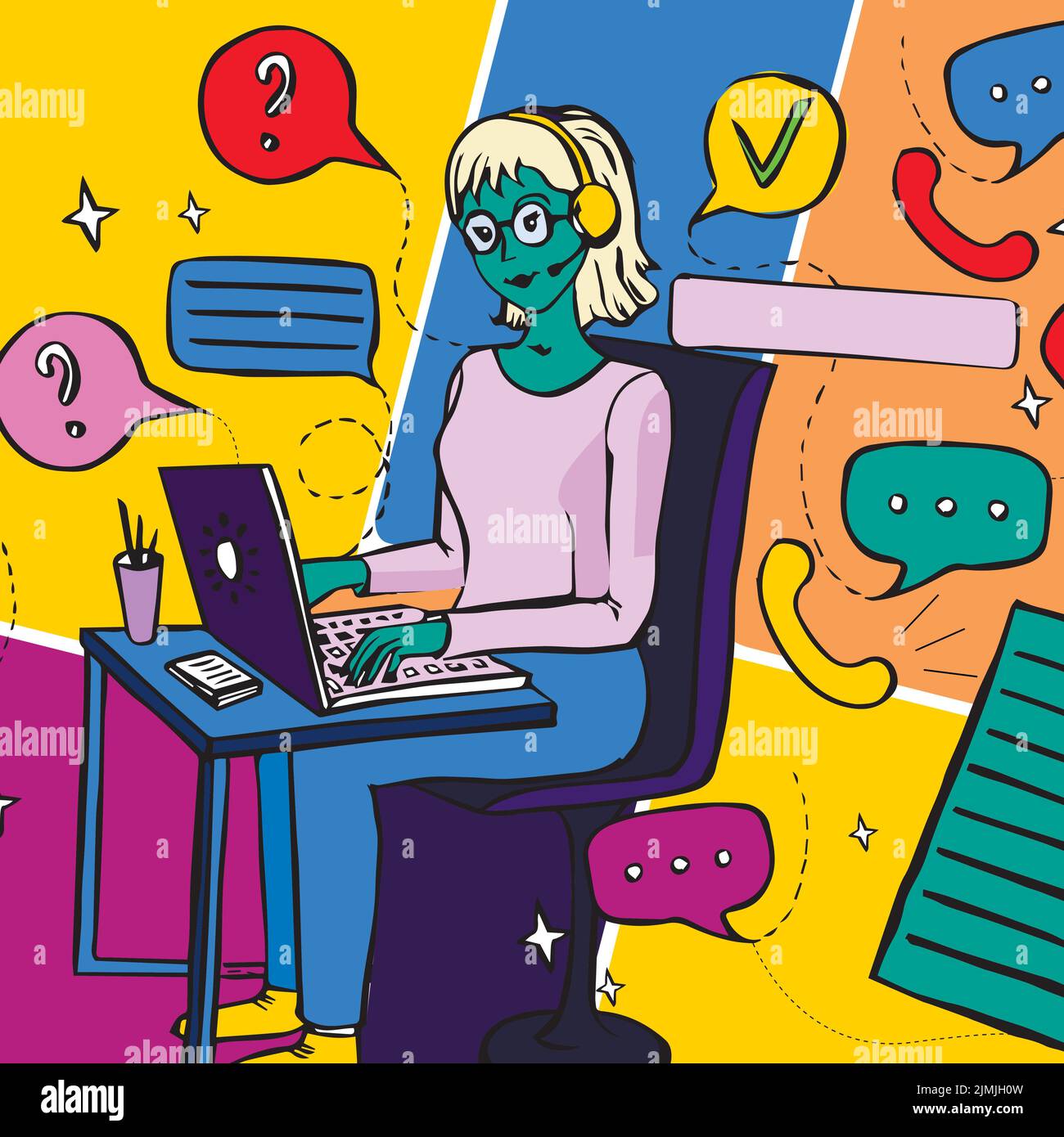 Business illustration. Call center operator. Girl at work at the ...