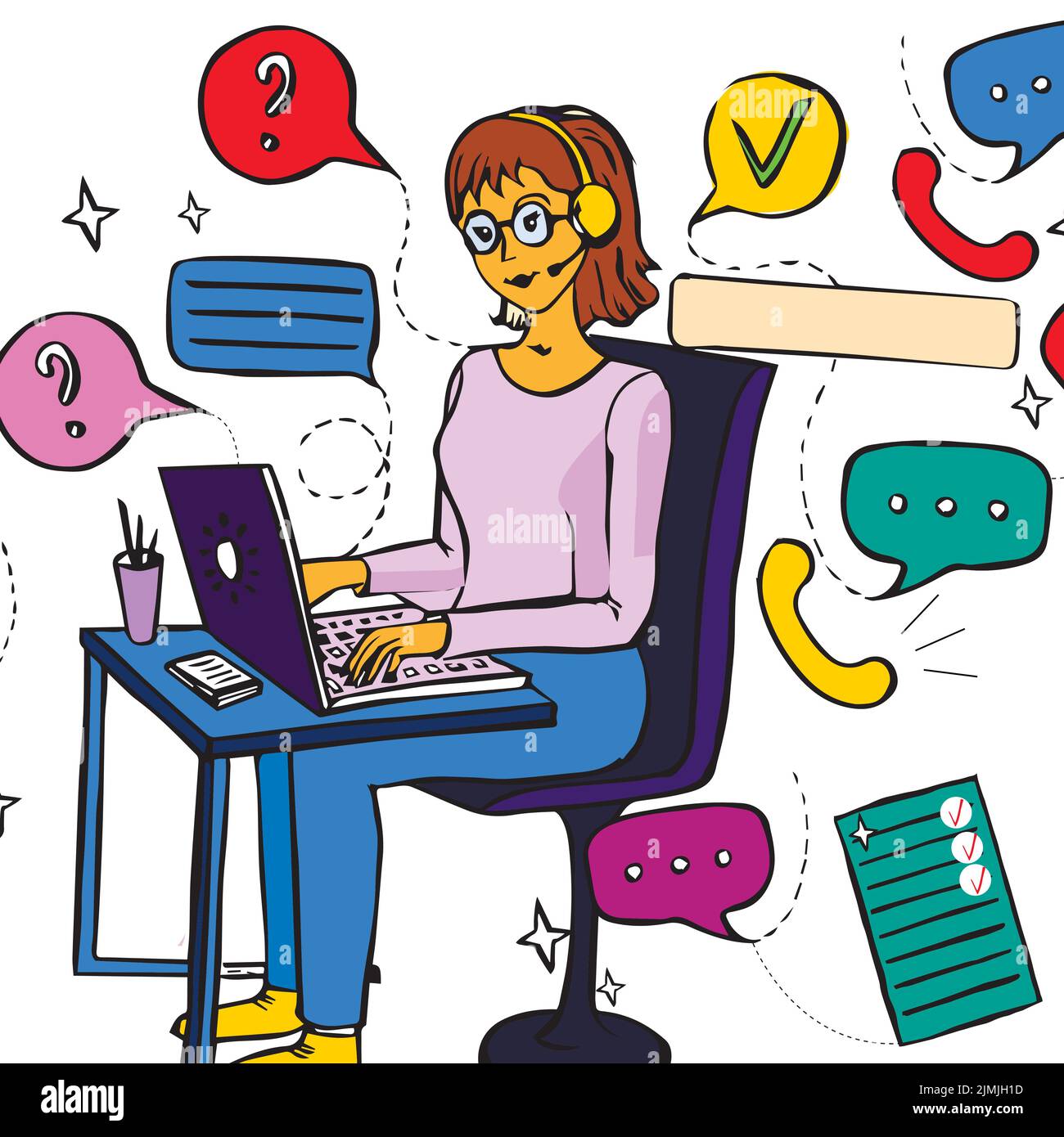 Business illustration. Call center operator. Girl at work at the ...