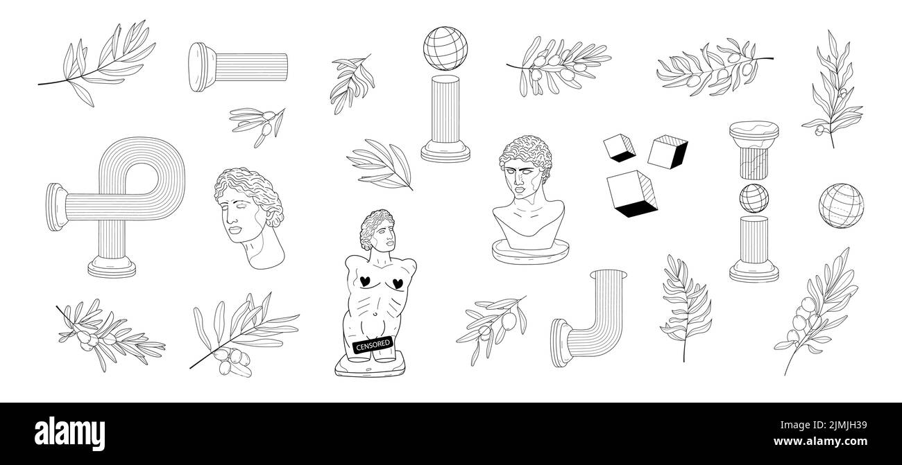 Classic bust sculpture vector in line art style. Greek ancient column ...