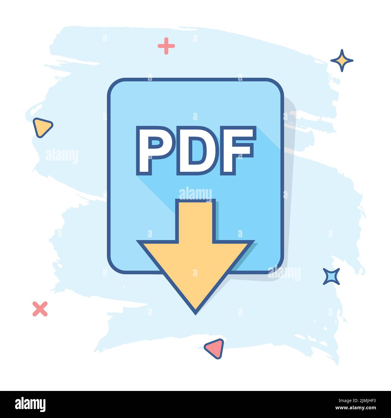 Cartoon PDF file icon in comic style. PDF download sign illustration pictogram. Document splash ...