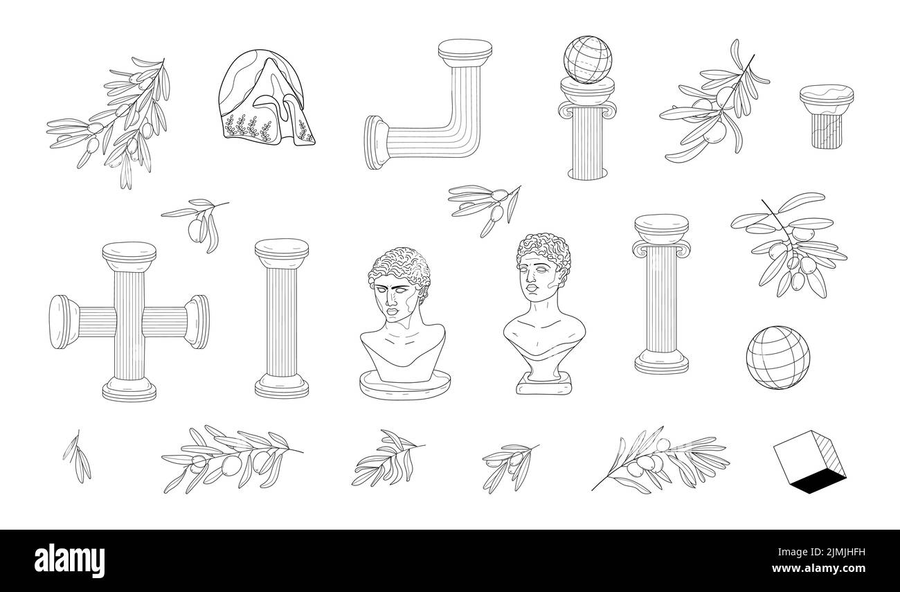 Classic bust sculpture vector in line art style. Greek ancient column ...