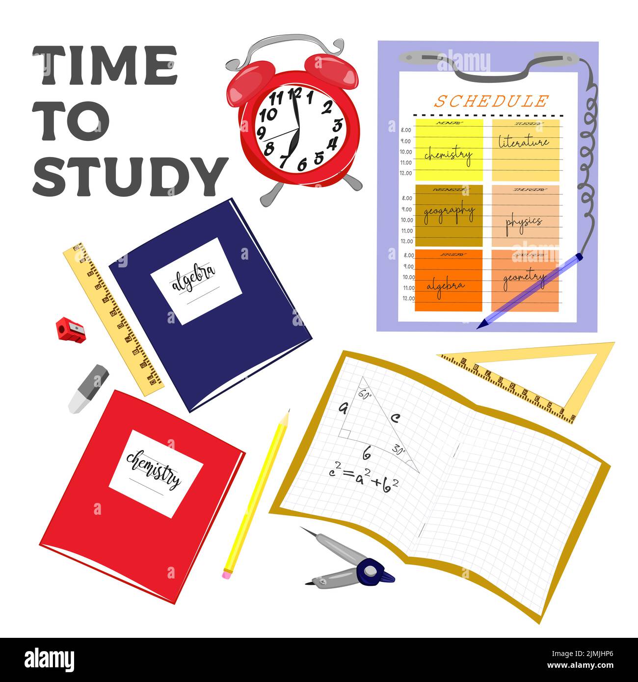 Time to study vector set of elements. Big educational clipart ...