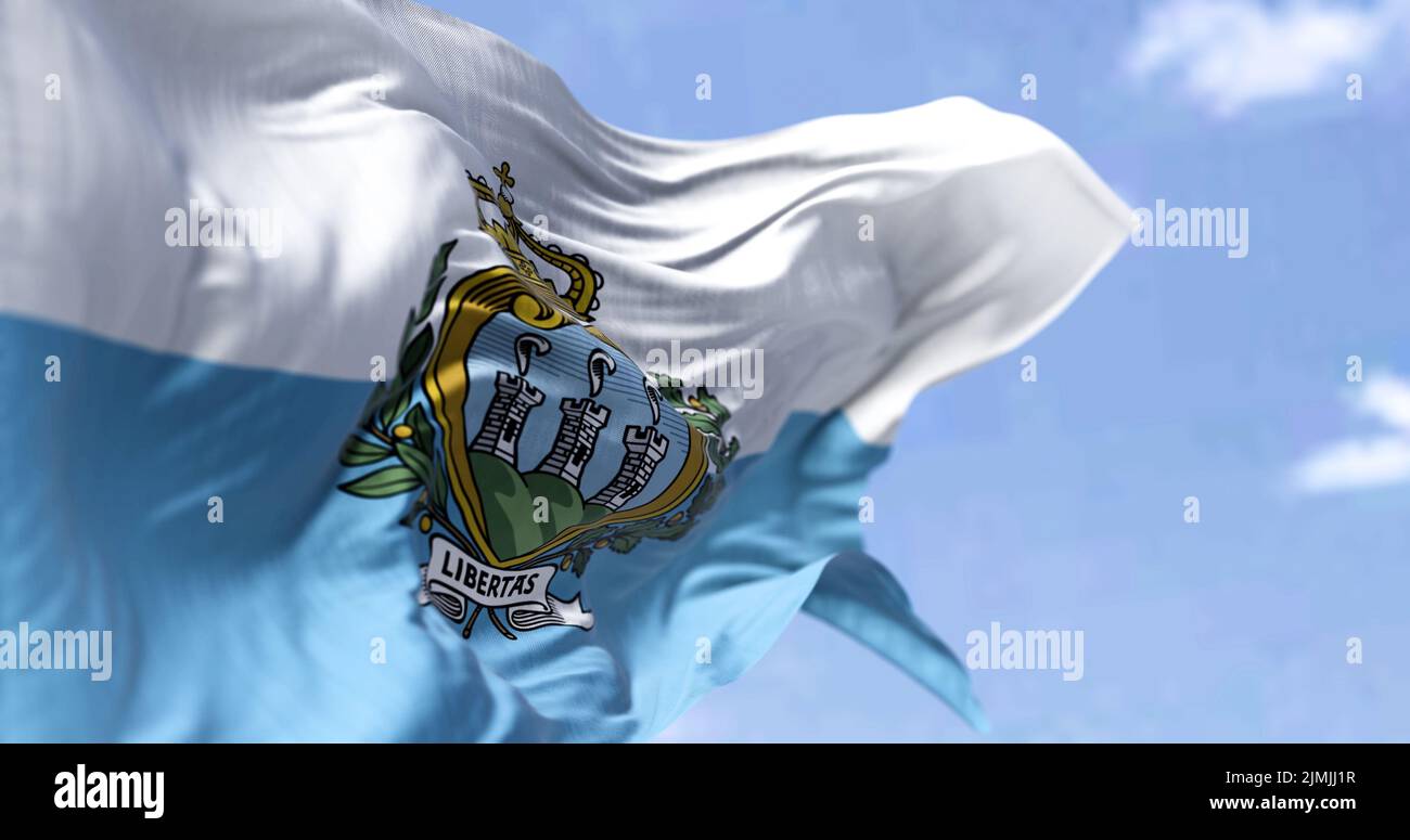 Detail of the national flag of San Marino waving in the wind on a clear ...